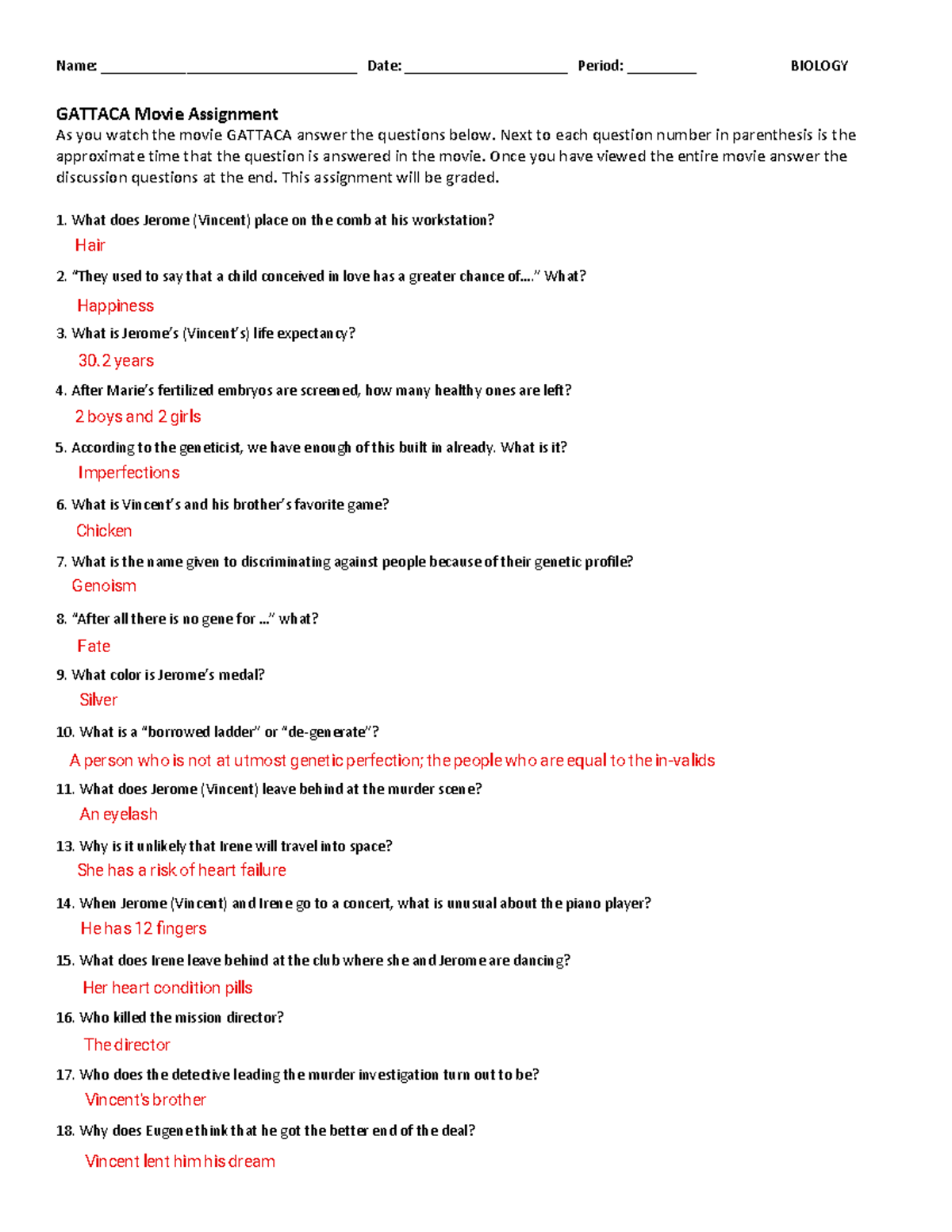 Gattaca Movie Assignment Questions and Discussion (BIOLOGY) - Studocu