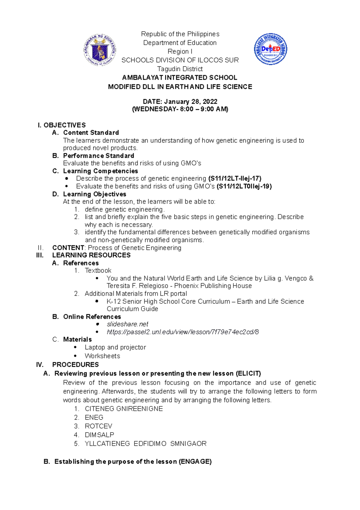 Modified Lesson Plan in Genetic Engineering (S11/12LT-IIej-17) - Studocu