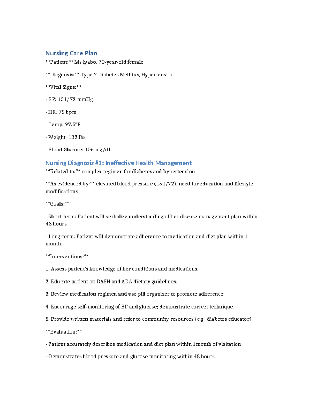 Nursing Care Plan (NCP) for Diabetes & Hypertension Management - Studocu