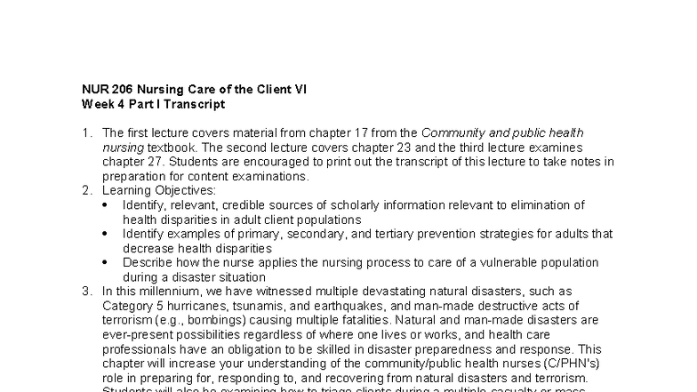 NUR 206 Nursing Care of the Client VI Week 4 Part I Lecture Notes - Studocu