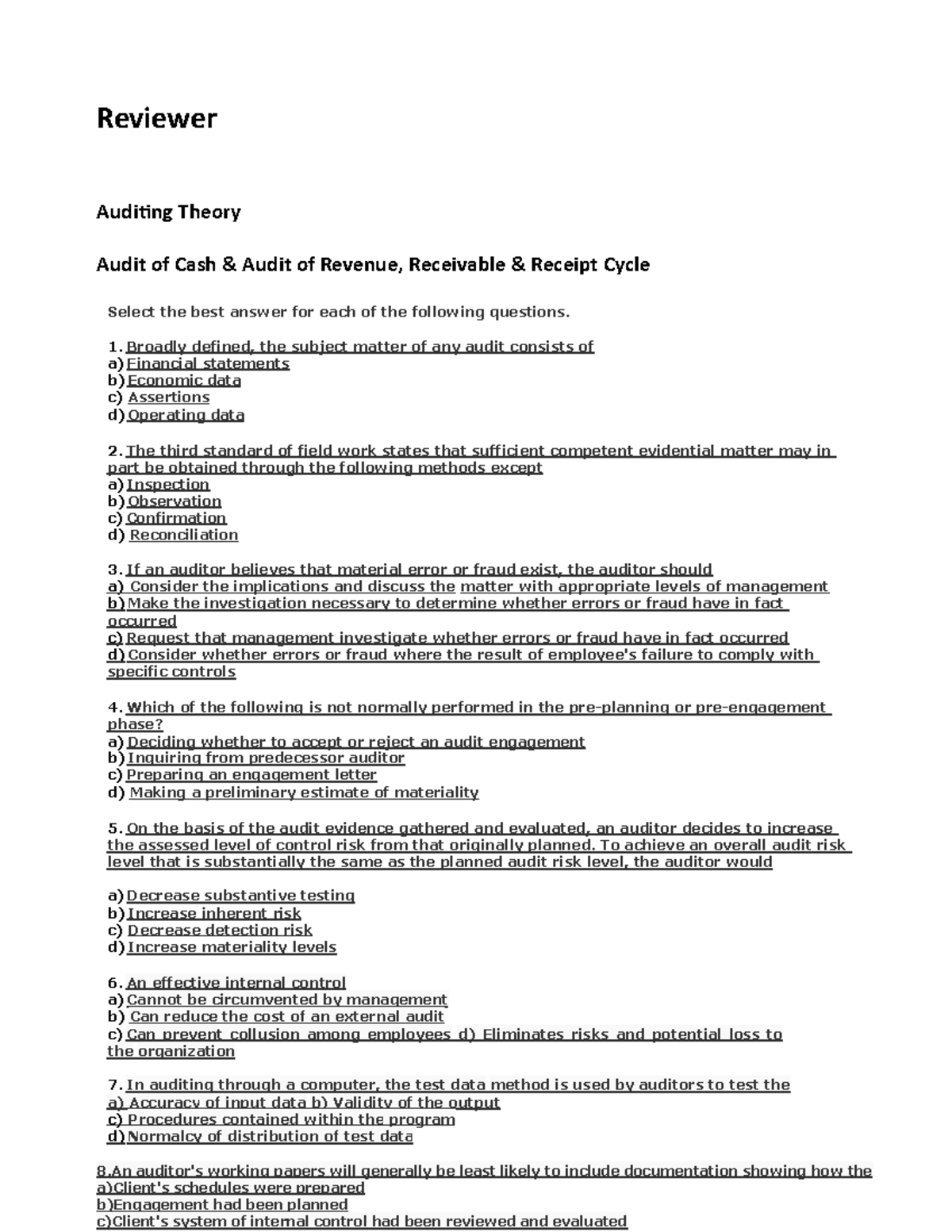 Reviewer Theory Prelim: Auditing Concepts & Evidence Analysis SY22-23 ...