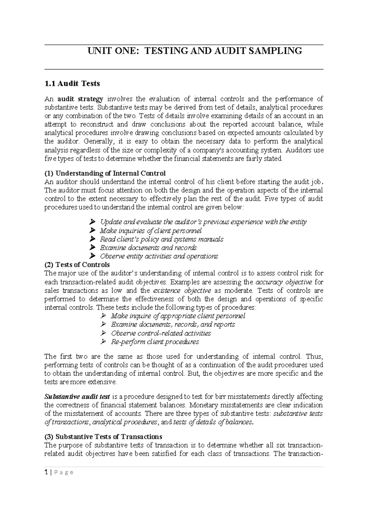 Chapter 1 Testing and Audit Sampling - UNIT ONE: TESTING AND AUDIT ...