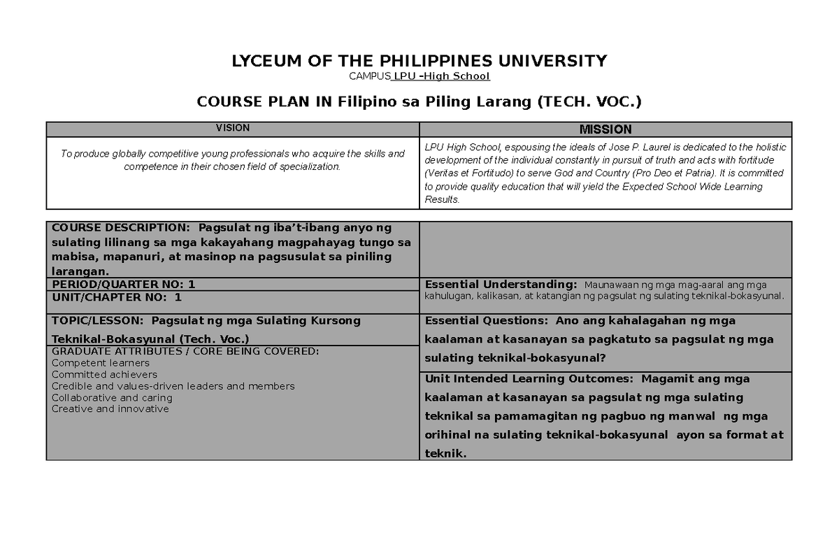 335816794 Course Plan Fil Sa Piling Larang Tech Voc - Professional ...
