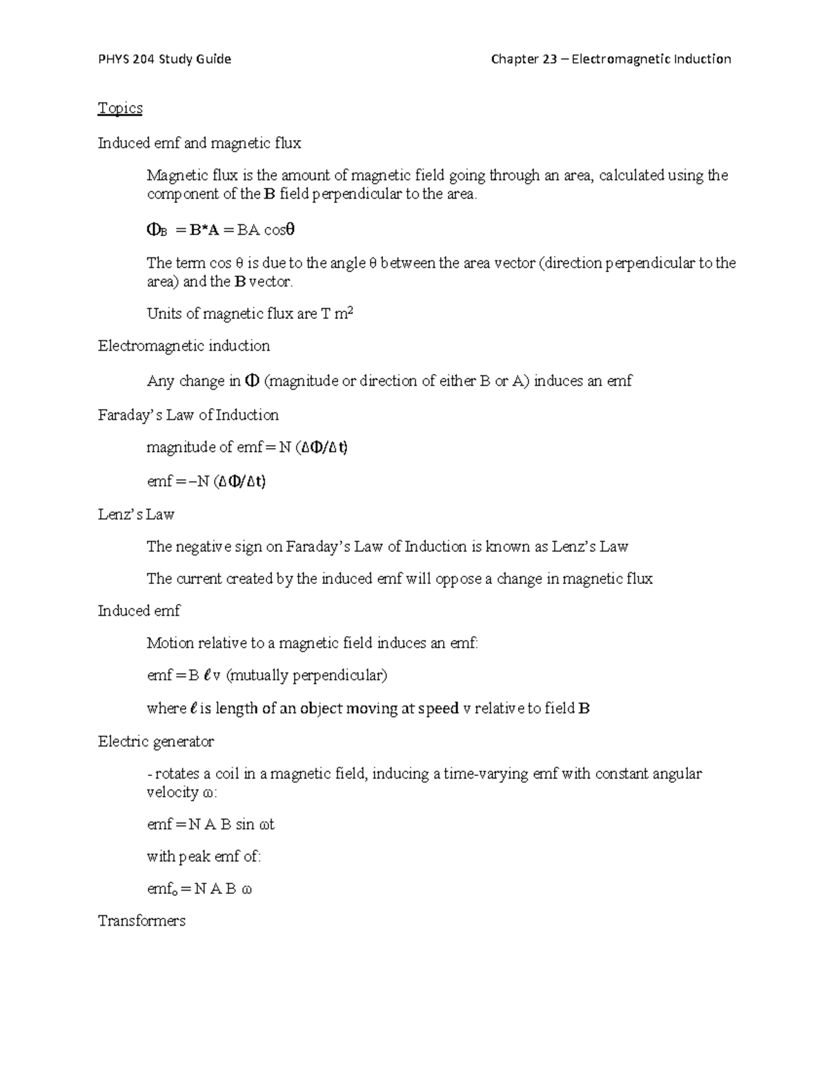 PHYS 204 Study Guide: Chapter 23 - Electromagnetic Induction Concepts ...