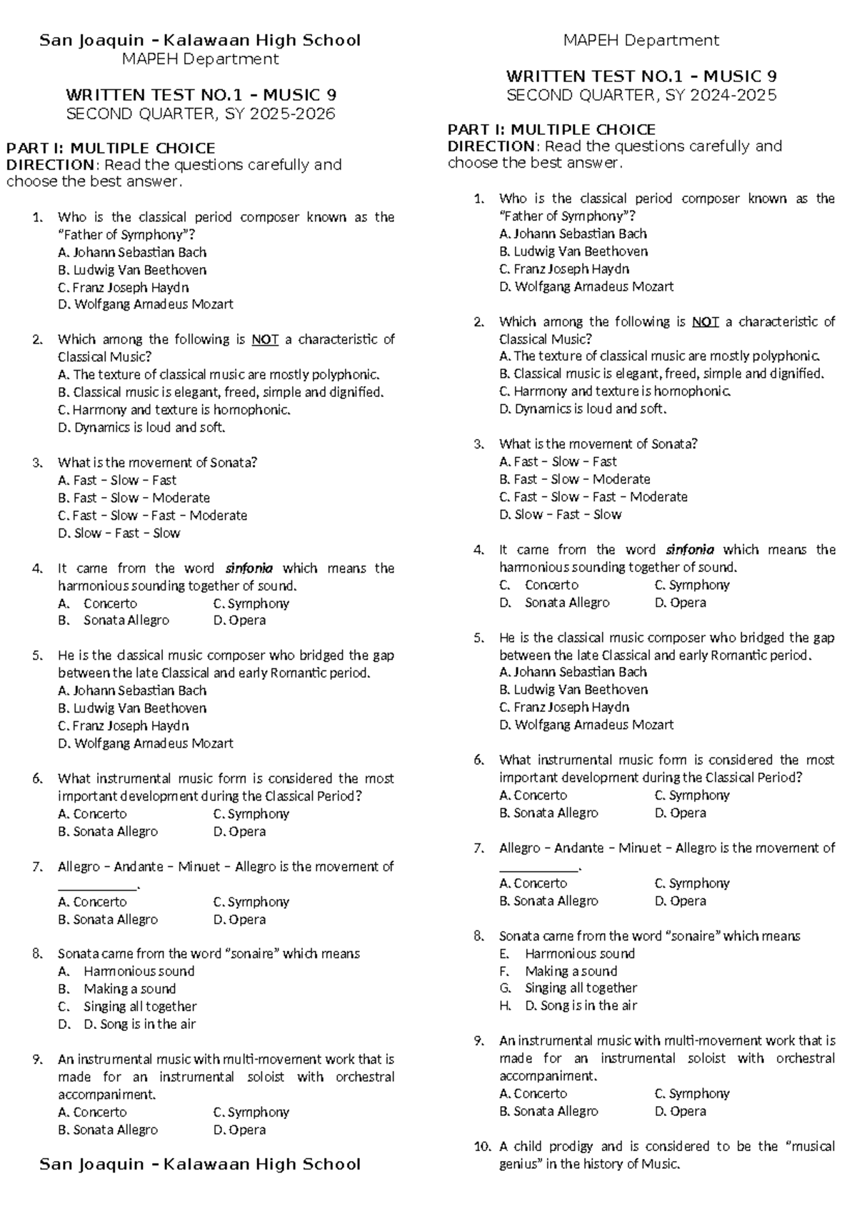 Q2-WW1: Written Test 1 in Music 9 - San Joaquin Kalawaan High School ...