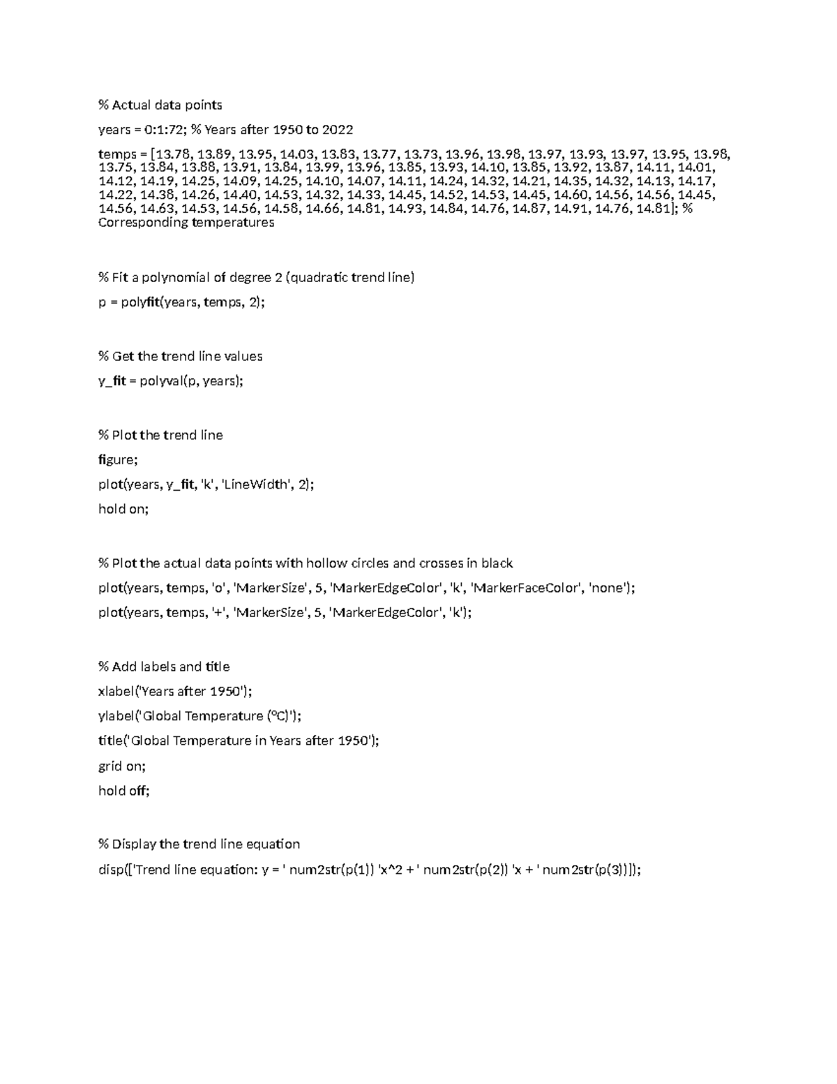 Global Temp Calc - Code for prj - % Actual data points years = 0:1:72; % Years after 1950 to ...