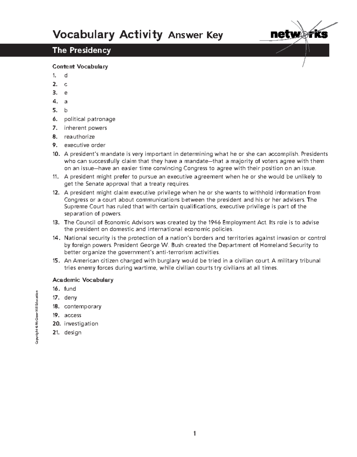 Ak - presidency - vocabulary activity 1 - Copyright © McGraw-Hill ...