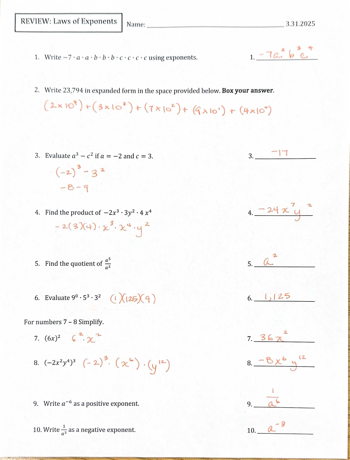L9 Review Key: Laws of Exponents - Practice & Solutions - Studocu
