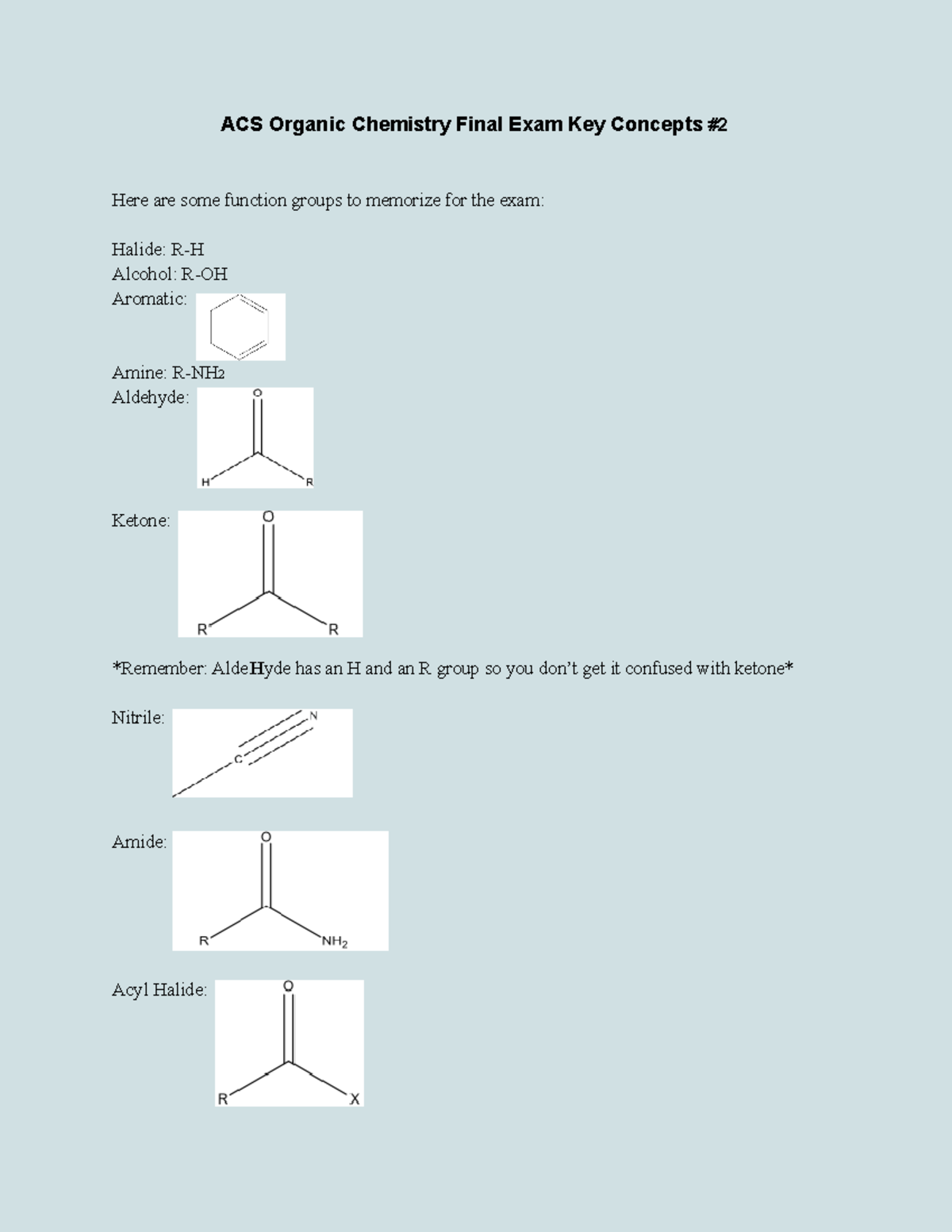 Organic Chem ACS Final Exam Cheat Sheet #2: Key Functional Groups - Studocu