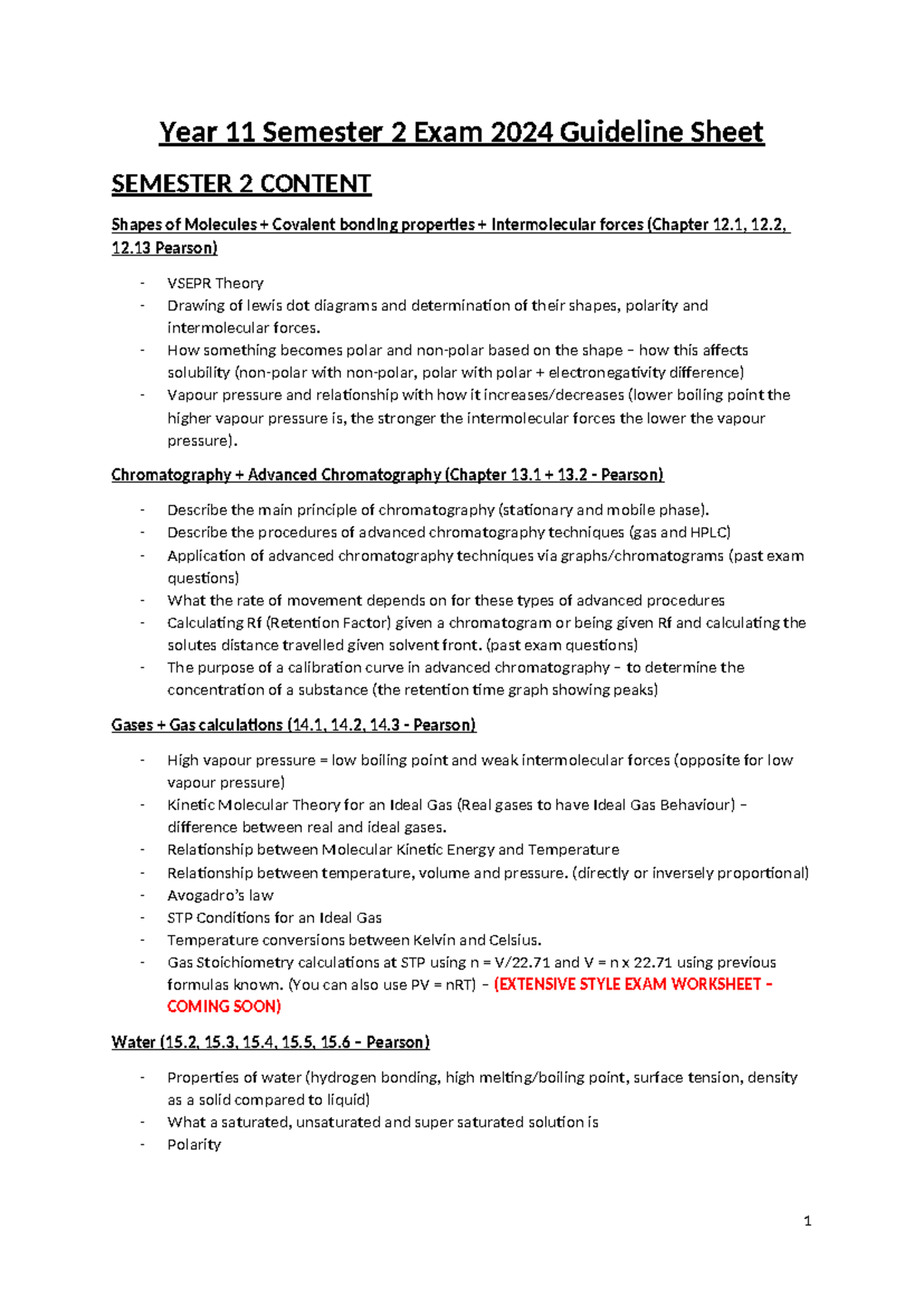 2024 Year 11 Chemistry ATAR Semester 2 Exam Guideline Sheet - Studocu