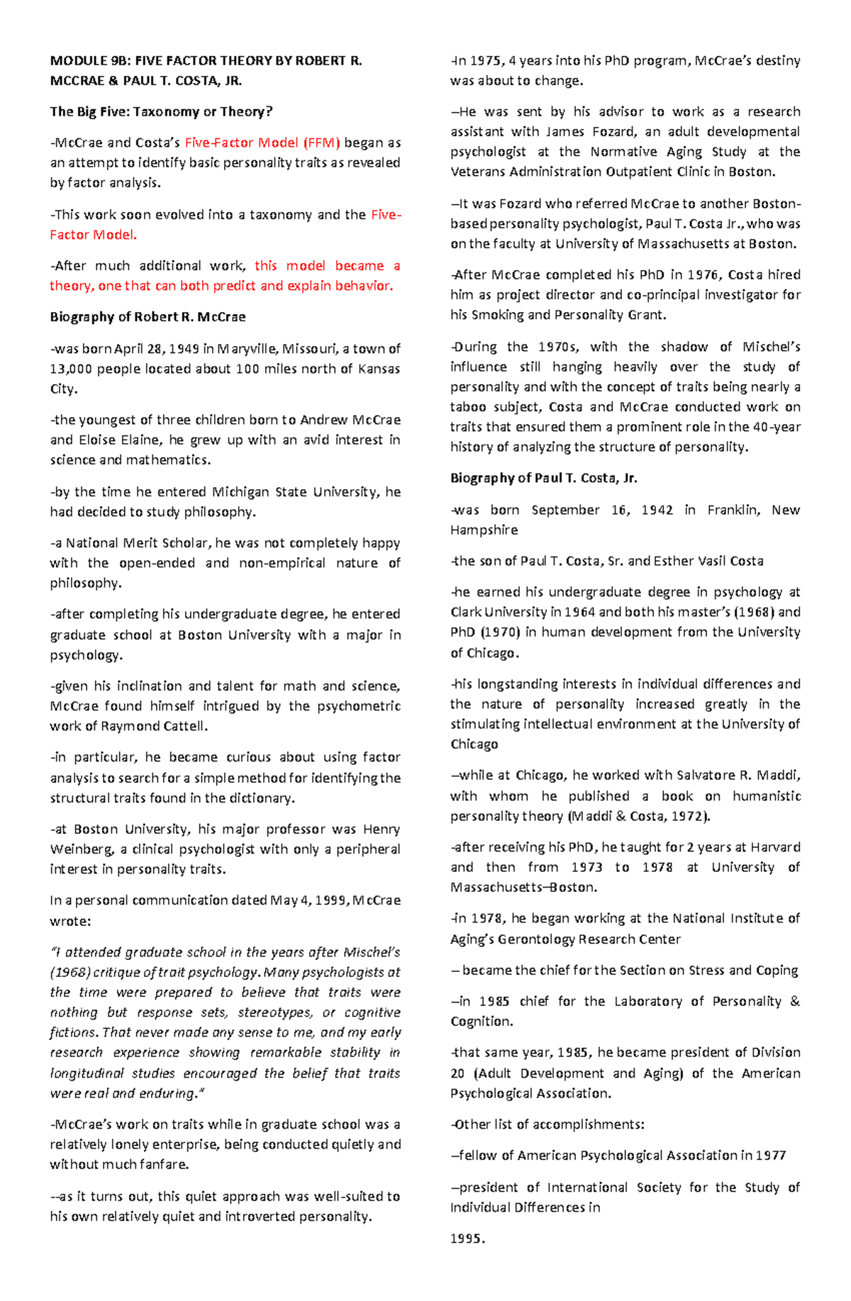 FIVE Factor Theory - MODULE 9B: FIVE FACTOR THEORY BY ROBERT R. MCCRAE ...