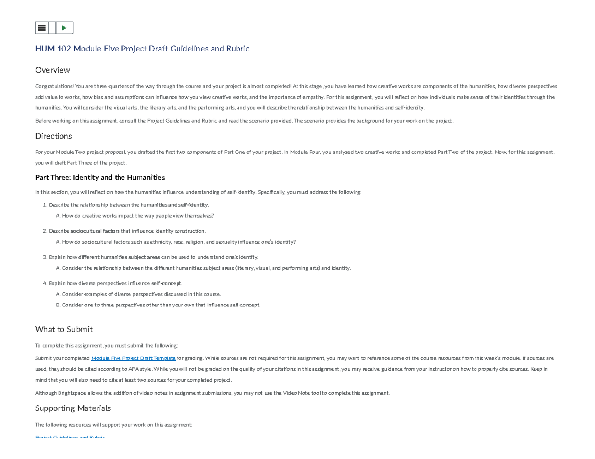 HUM 102 Module Five Project Draft: Identity & Humanities Guidelines ...
