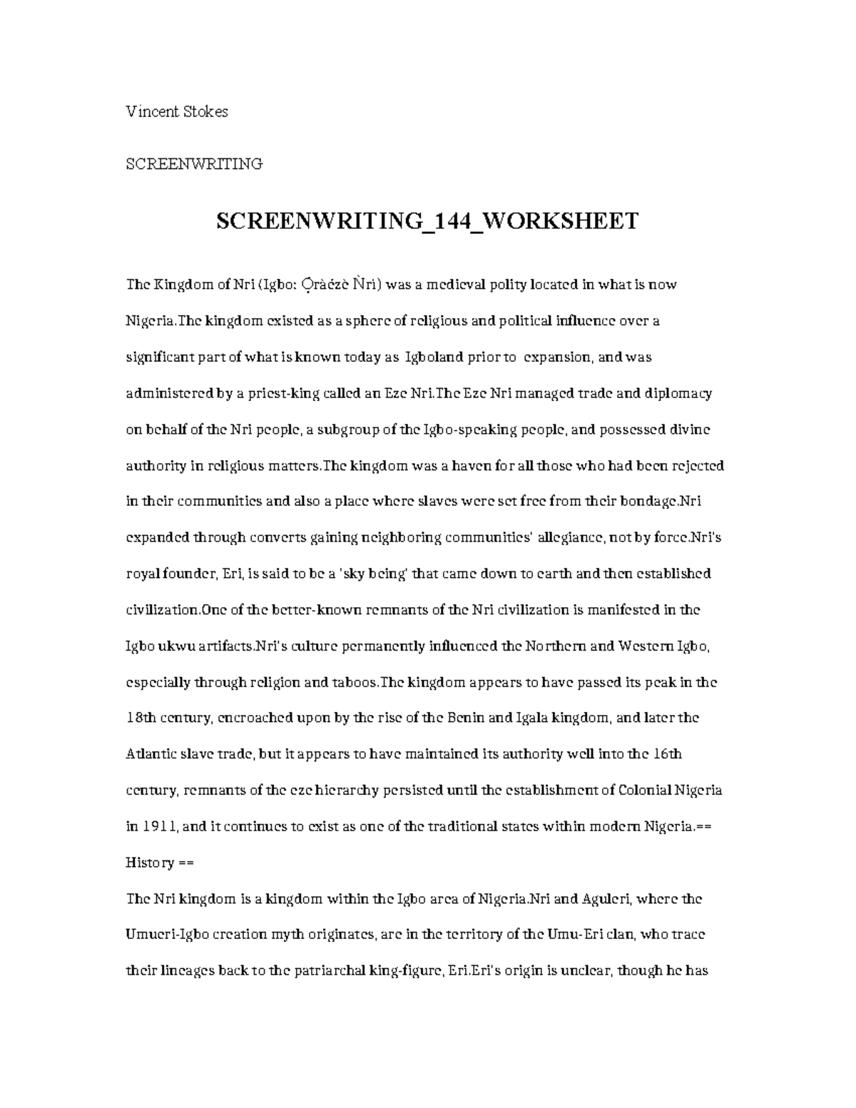 Screenwriting 144 Worksheet - Vincent Stokes SCREENWRITING ...