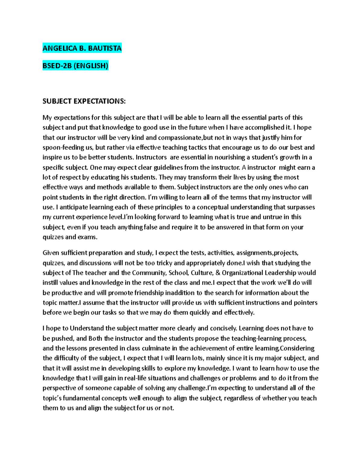 BSED-2B Expectations Essay for Prof Ed 5: Goals for Learning - Studocu