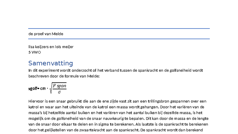 Proef van Melde: Onderzoek naar Spankracht en Golfsnelheid 5 VWO ...