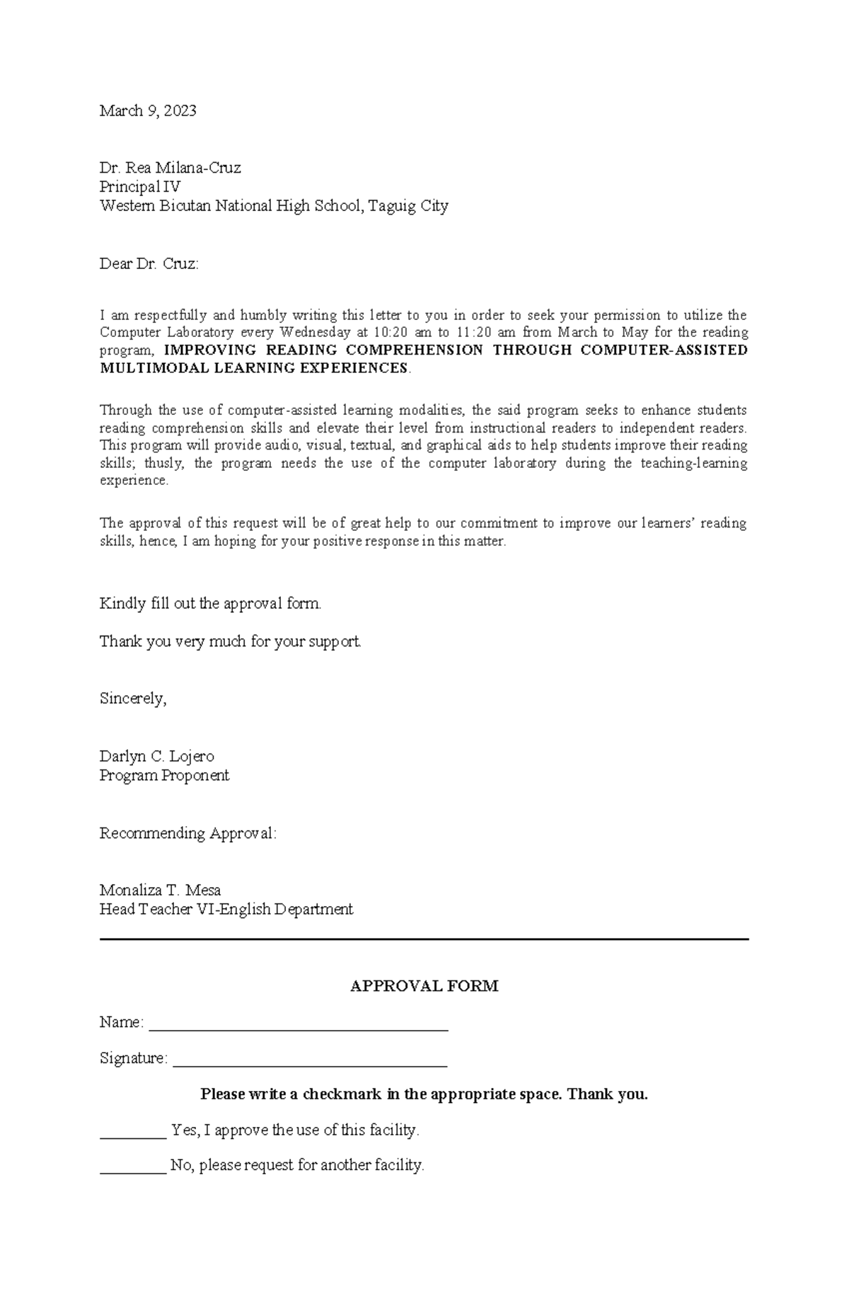 Request for Use of Computer Lab for Reading Program Implementation ...