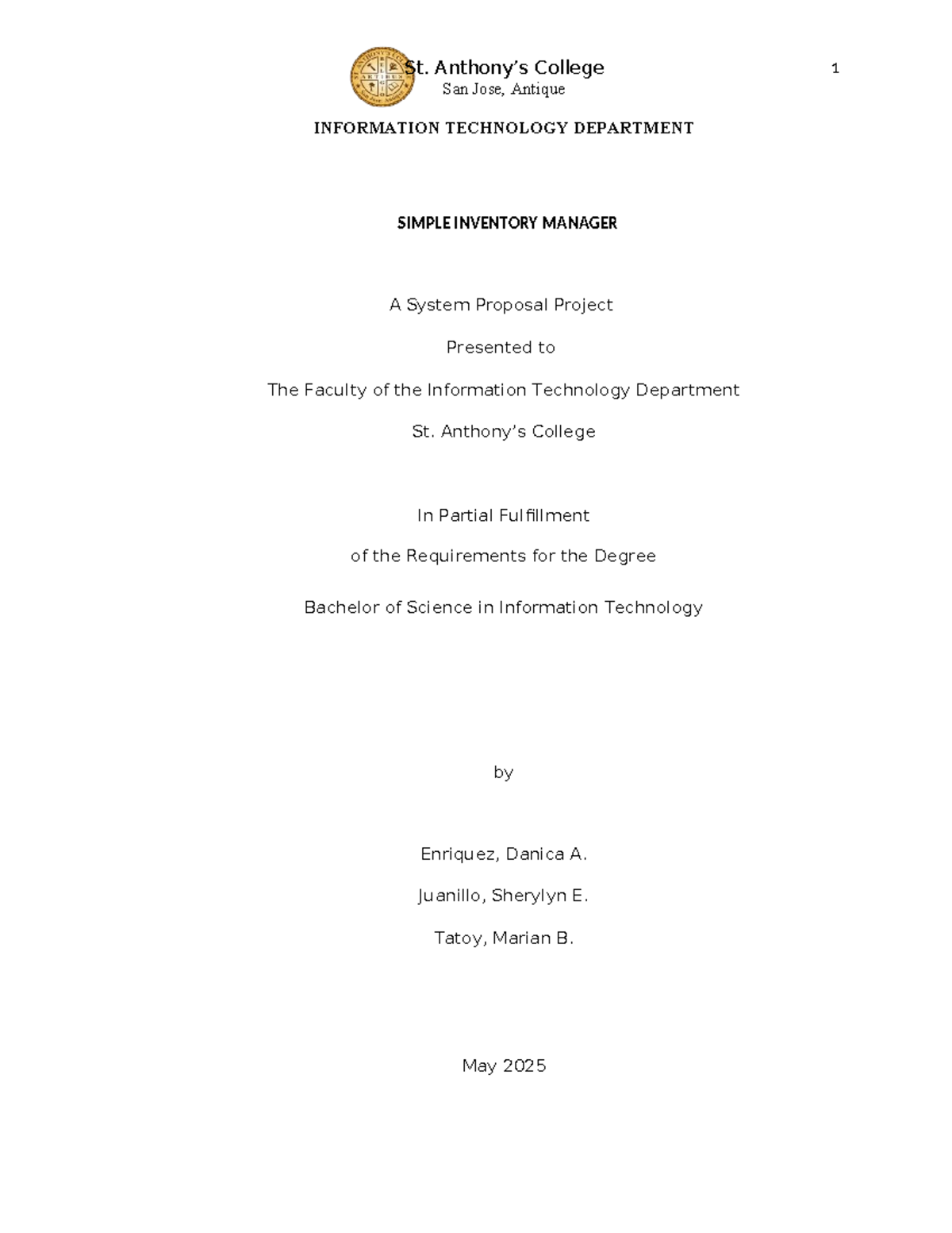 Simple Inventory Manager System Proposal - IT 101 Project - Studocu