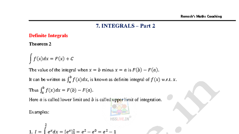 Maths Coaching 7: Integrals Part 2 - Definite Integrals & Theorems ...
