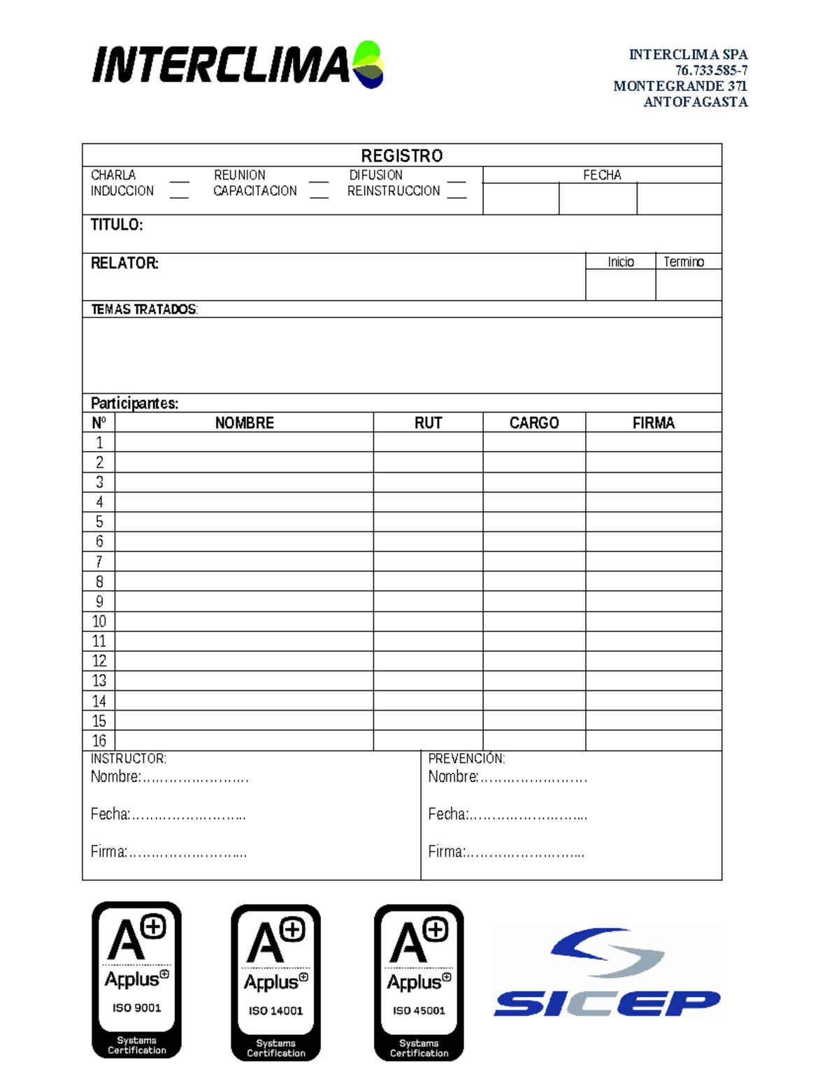 Registro de inducion, charla, capacitacion - INTERCLIMA SPA 76.733 ...