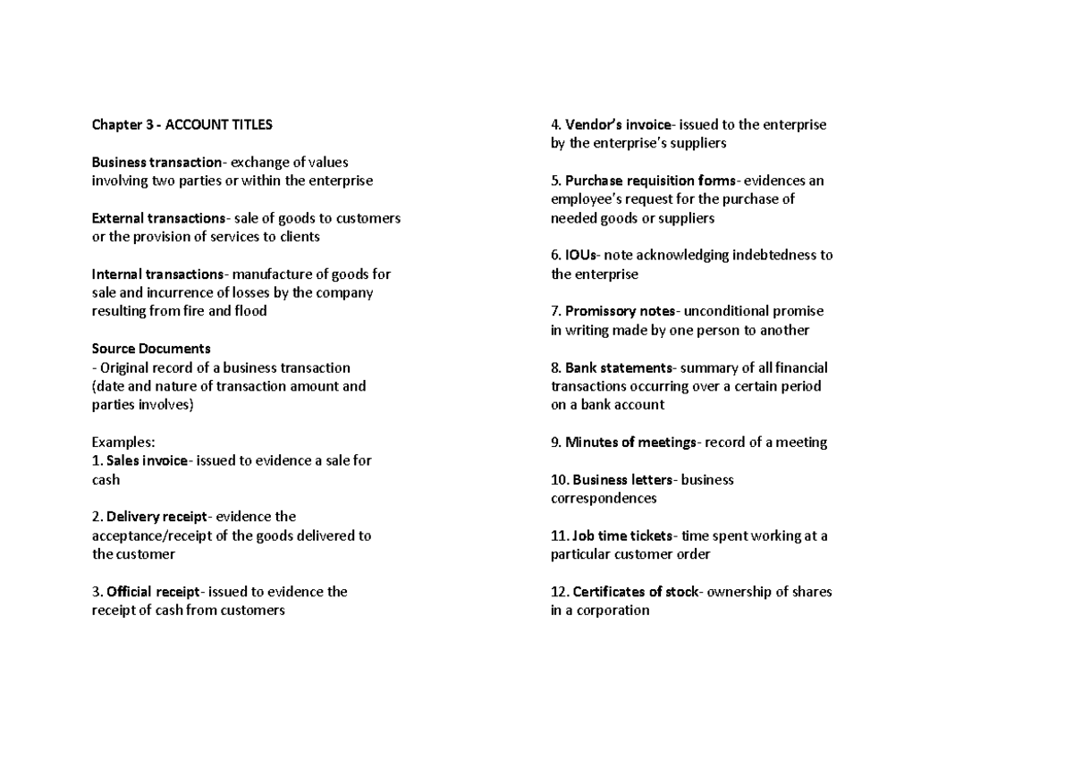 Account Titles and Concepts in Chapter 3 for ACCT101 - Studocu