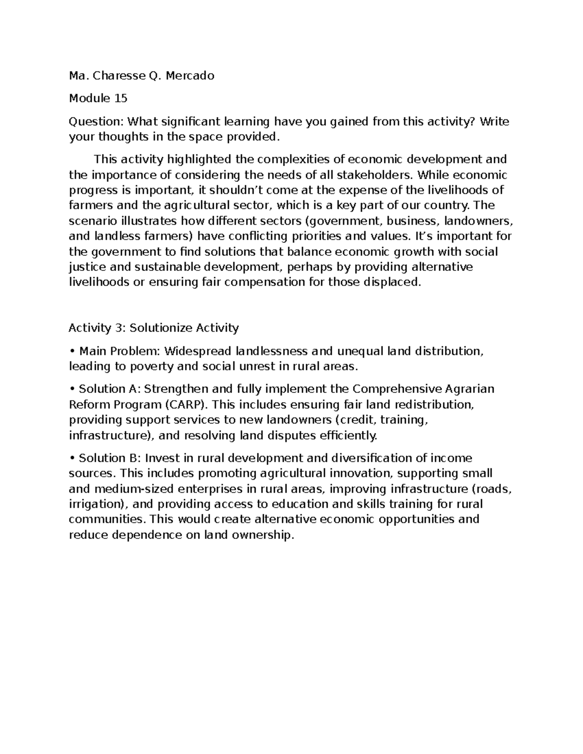 Module 15: Insights on Agrarian Reform and Economic Development - Studocu