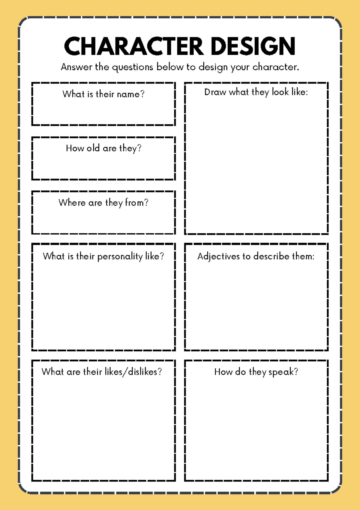 Character Design English Language Arts Worksheet in Yellow and White ...