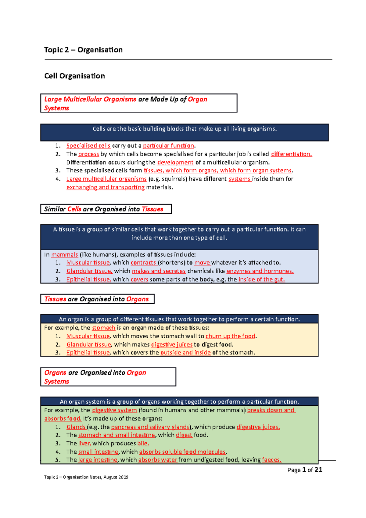 GCSE Biology Revision Notes - B2: Organisation and Systems - Aug 2019 ...