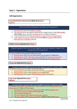 GCSE Biology Revision Notes - B2 - Organisation - Aug 2019 - Topic 2 ...