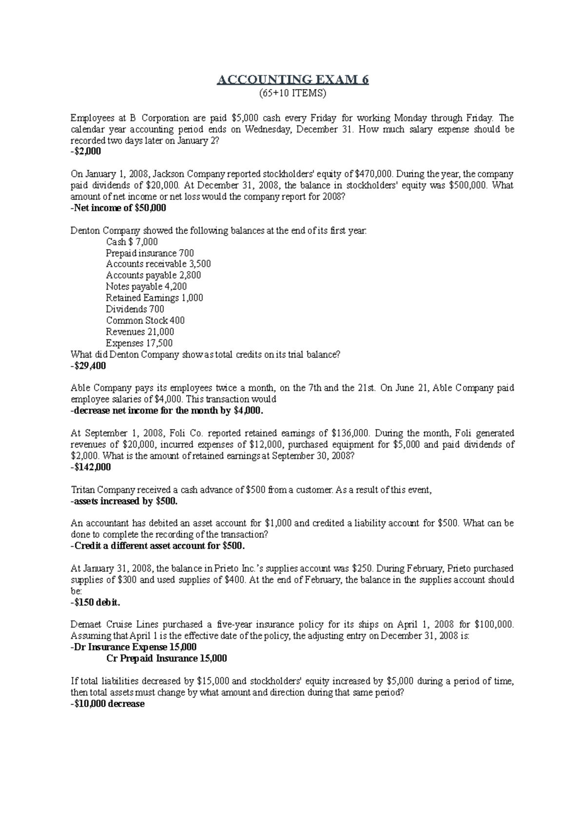 Accounting Exam 6 - Problem Set and Solutions - Studocu