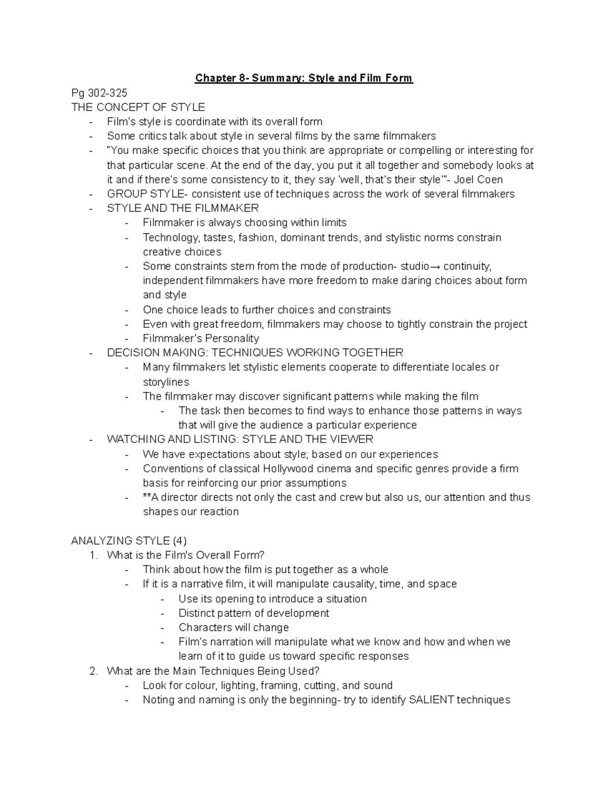 FILM1022 - Chapter 8 Summary on Style and Film Form - 2019 - Studocu