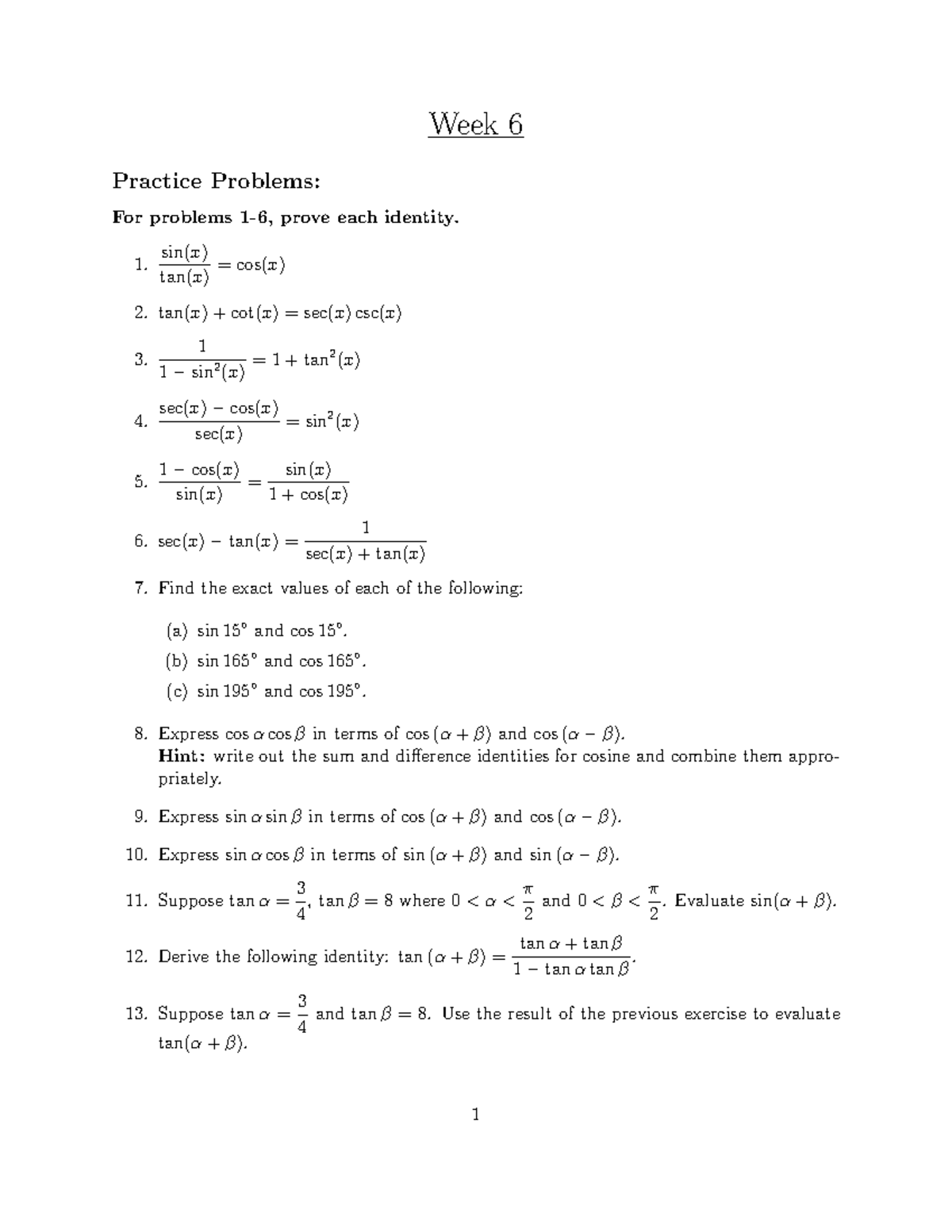 Week 6 Lecture Practice Problems: Proving Trigonometric Identities ...
