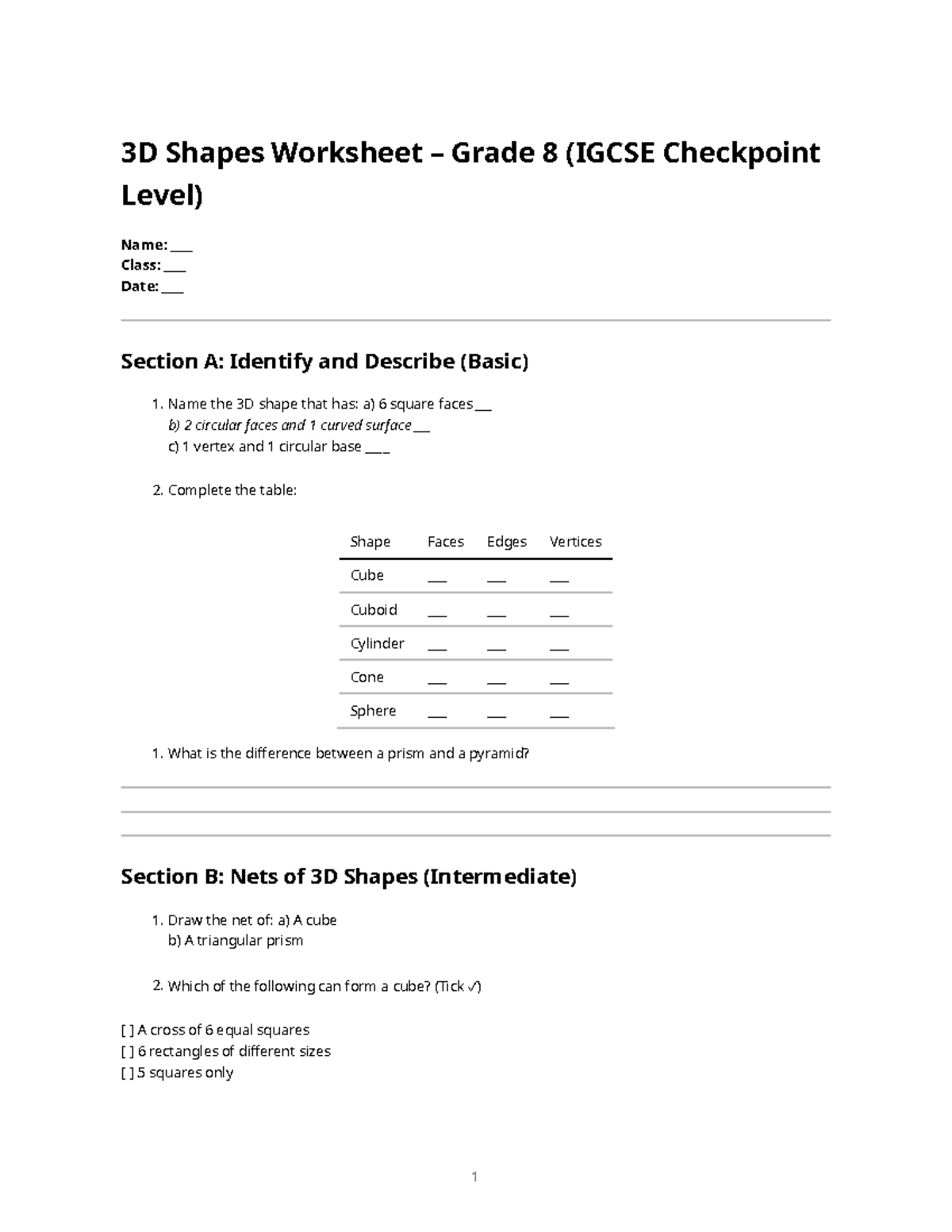 IGCSE 3D Shapes Worksheet for Grade 8: Concepts & Challenges - Studocu