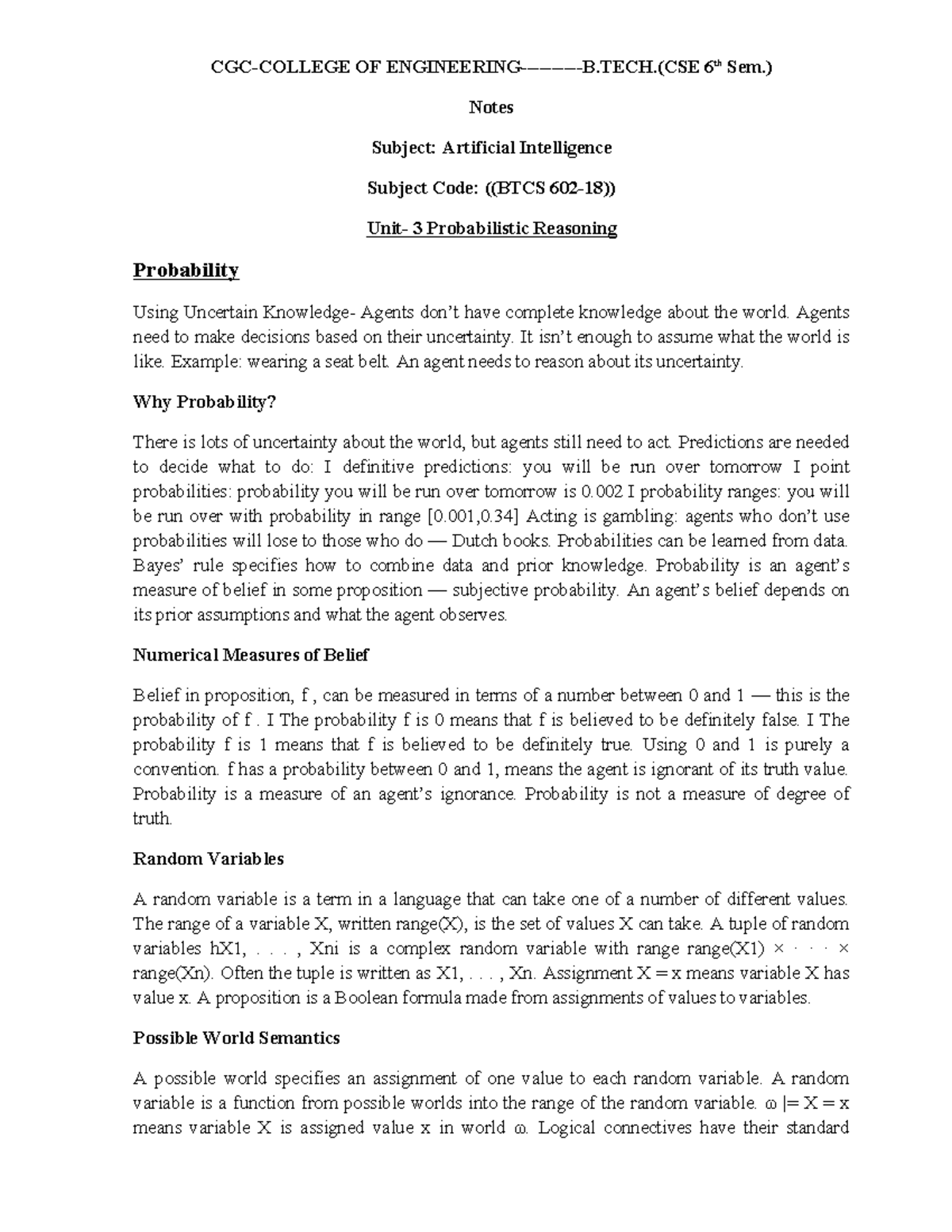 Unit-3 AI: Probabilistic Reasoning in Artificial Intelligence (BTCS 602-18) - Studocu