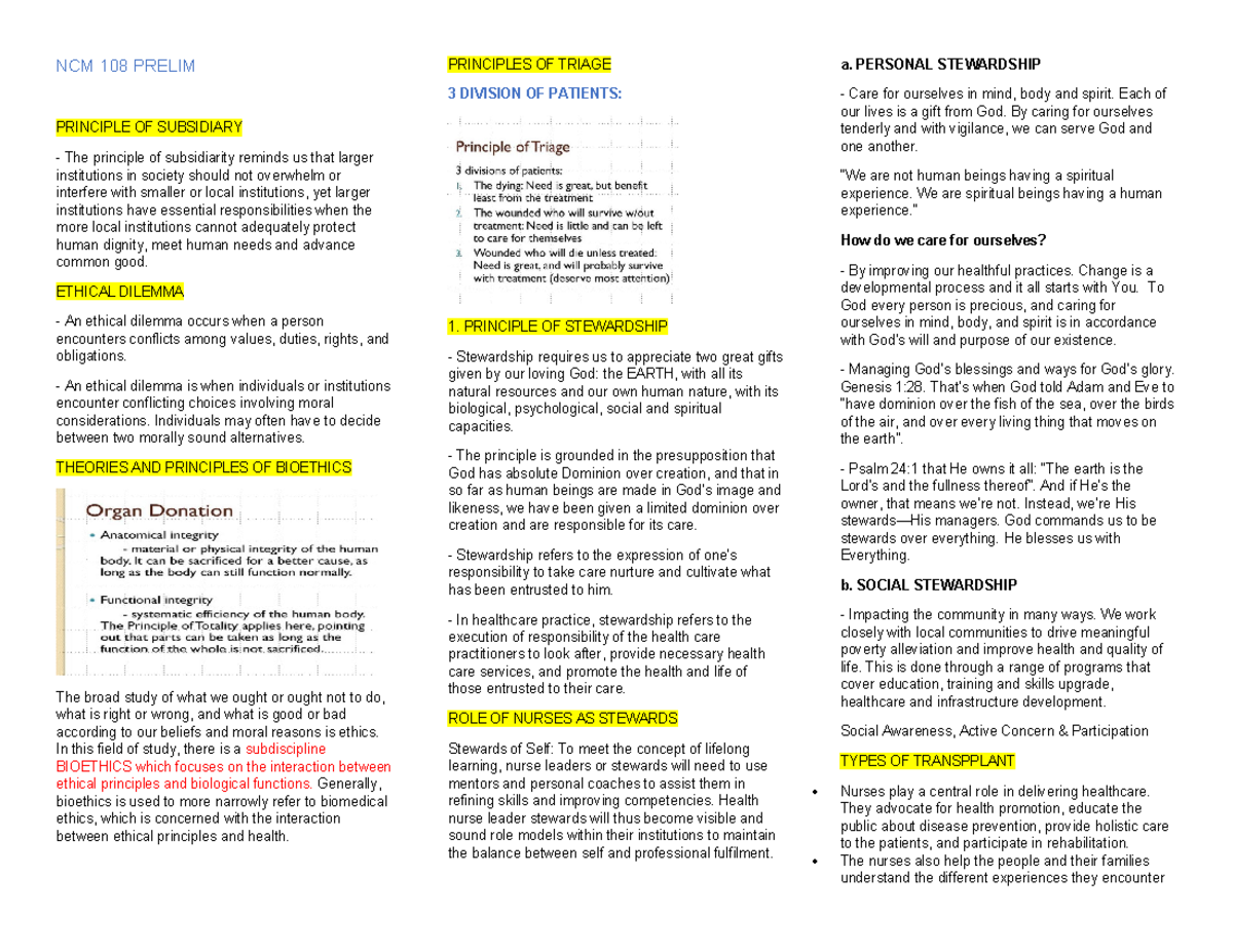 NCM 108 Prelim Study Notes: Ethics, Stewardship & Bioethical Principles ...