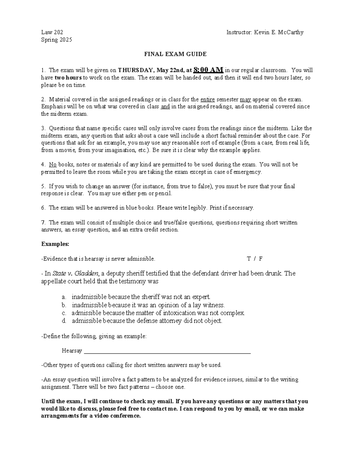 Law 202 Spring 2025 Final Exam Study Guide and Instructions - Studocu