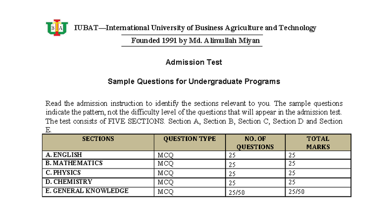 Sample Admission Test Questions for UG Programs - UBAT 1991 - Studocu