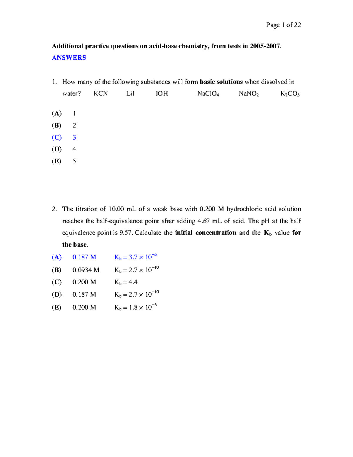 Sample/practice exam 2015, questions and answers - acid-base chemistry ...