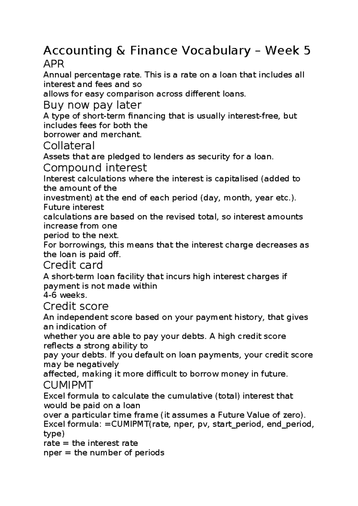 Accounting Finance Vocabulary Week 5: Key Terms Explained - Studocu