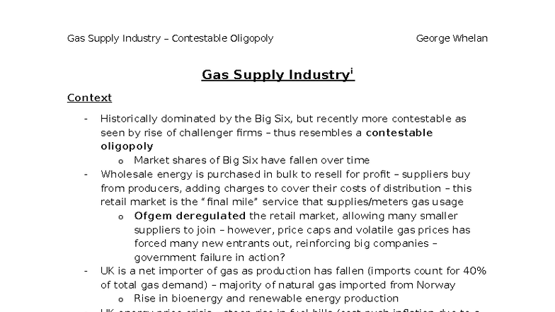 Gas Supply Industry: Contestable Oligopoly Analysis (George Whelan ...