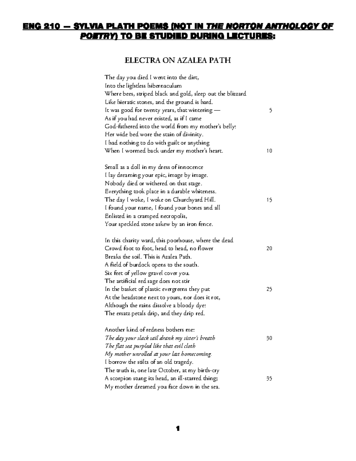 ENG 210 - Study of Sylvia Plath's Poems for Lectures - Studocu