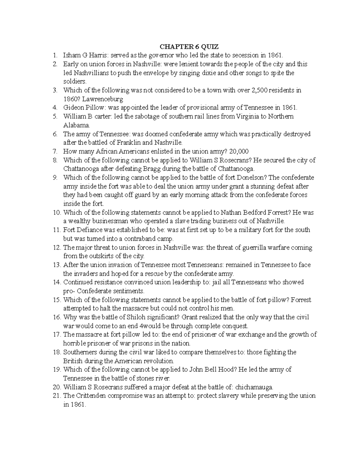 Chapter 6 QUIZ - Instructor is Pitts - CHAPTER 6 QUIZ Isham G Harris ...