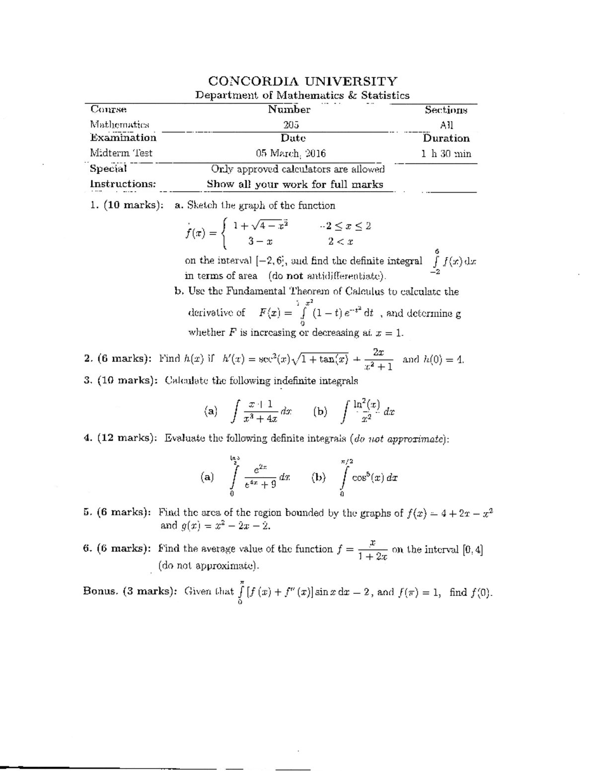 MATH 205 Midterm Exam Study Guide - March 2016, Concordia University ...