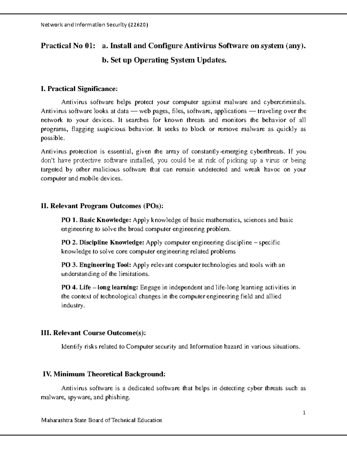NIS 01 Practical - 1 Practical No 01: a. Install and Configure Antivirus Software on system (any ...