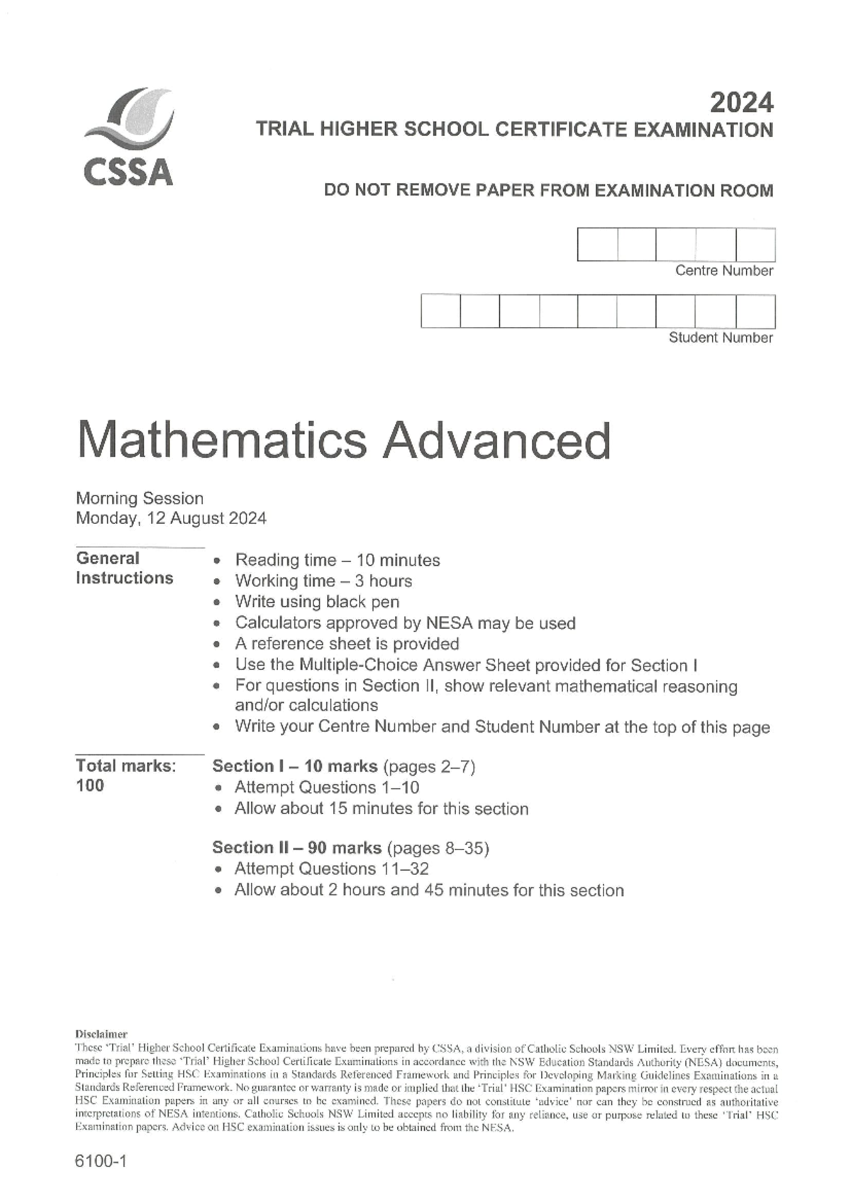 CSSA 2U 2024 Mathematics Advanced Trial Examination Paper - Studocu