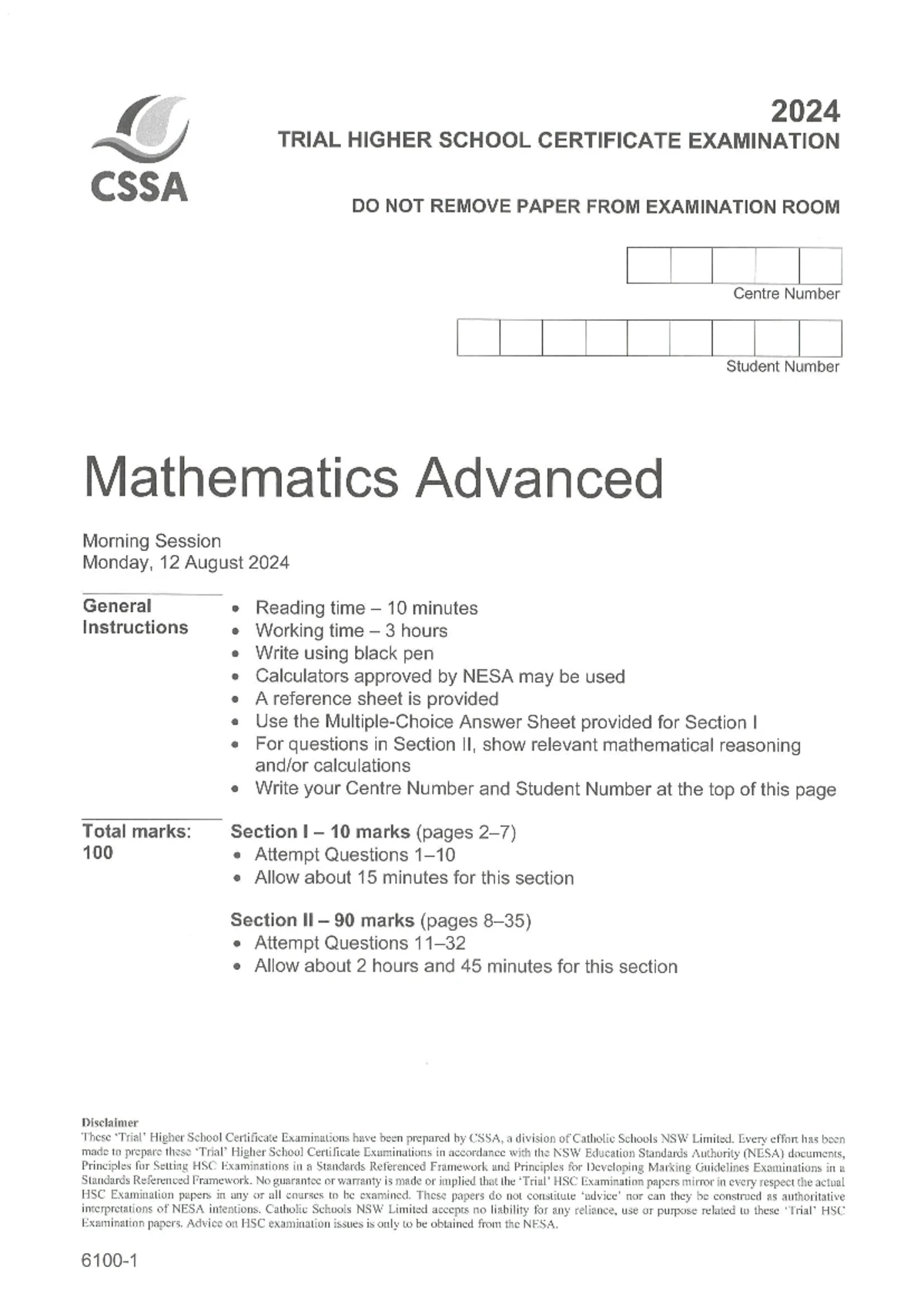 CSSA 2U 2024 Mathematics Advanced Trial Examination Paper - Studocu