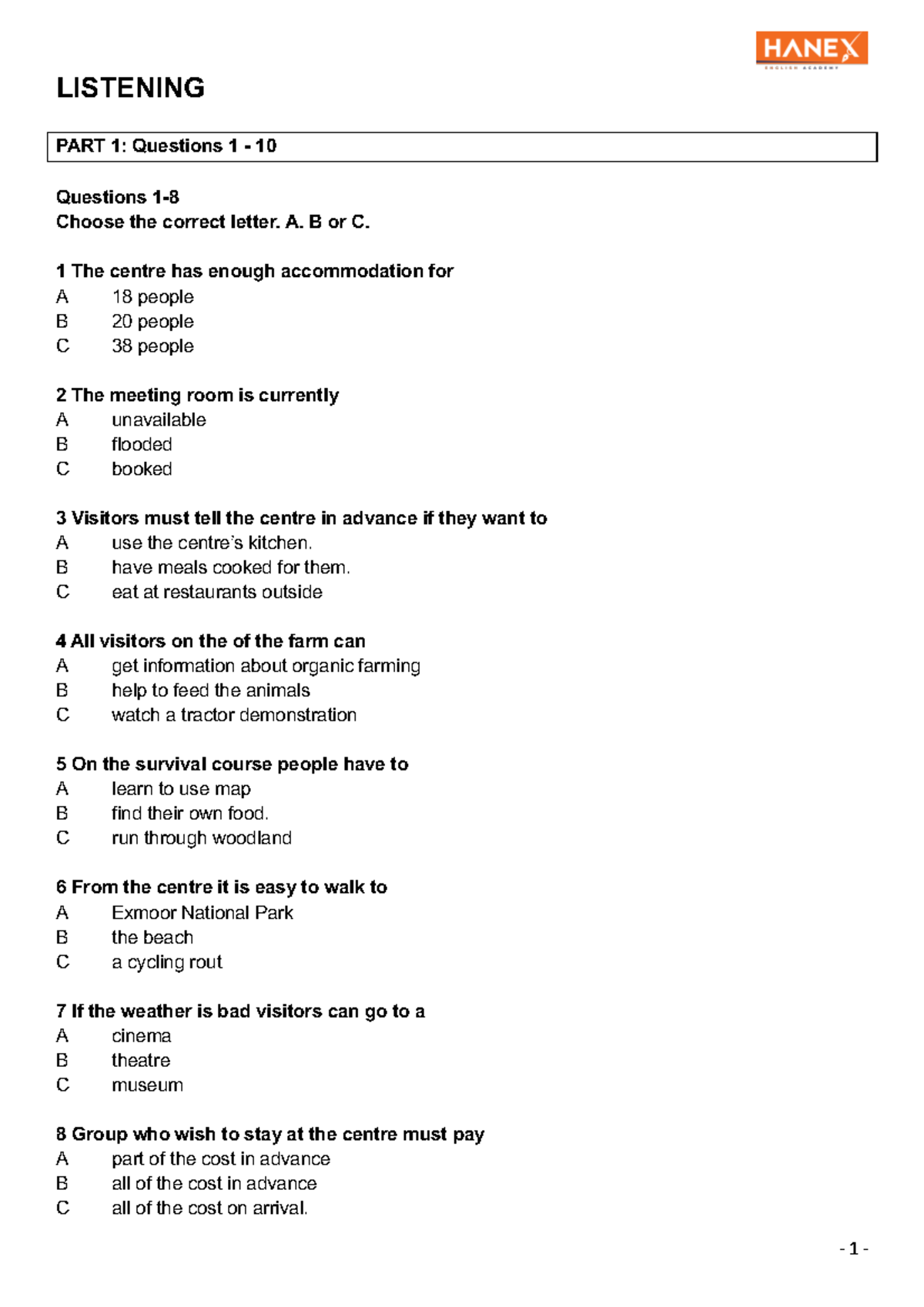 Listening - ENGLISH - LISTENING PART 1: Questions 1 - 10 Questions 1- 8 ...