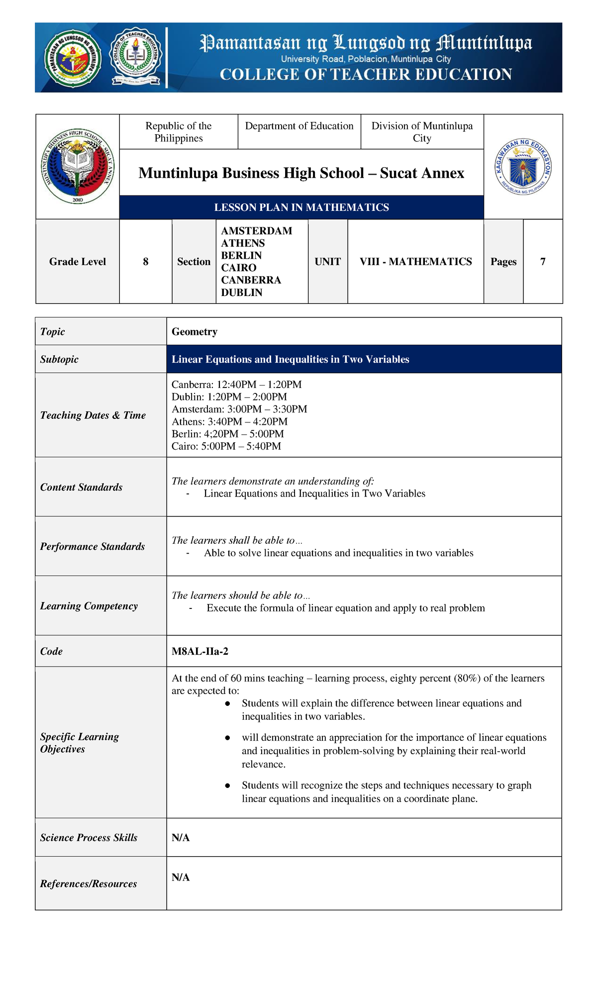 Lesson Plan in Mathematics (Grade 8) - Linear Equations & Inequalities ...