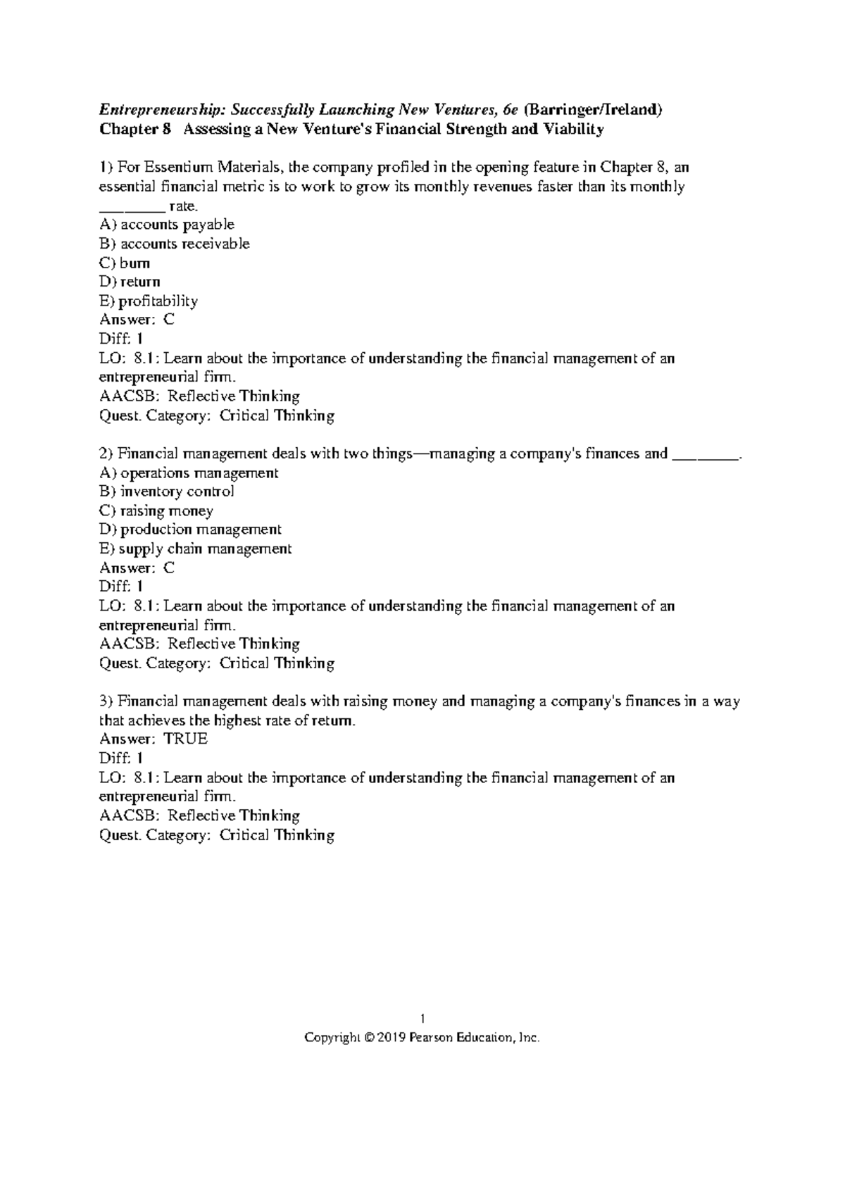 Entrepreneurship Test Bank: Financial Strength & Viability (Ch 8) - Studocu