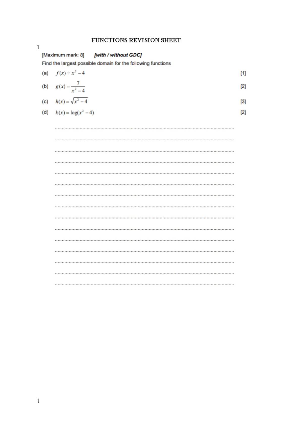 Functions Revision Sheet - Mathematics: Analysis and Approaches SL ...
