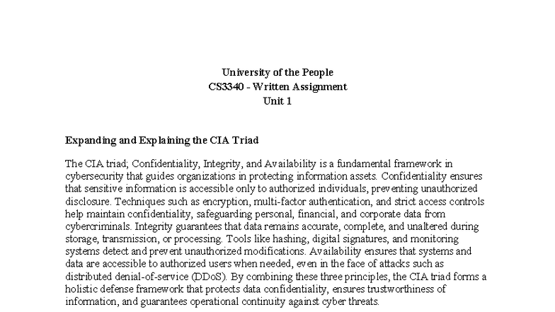 CS3340 - Unit 1 Written Assignment: The CIA Triad Explained - Studocu